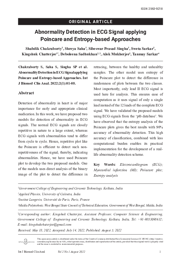 Pdf Abnormality Detection In Ecg Signal Applying Poincare And Entropy