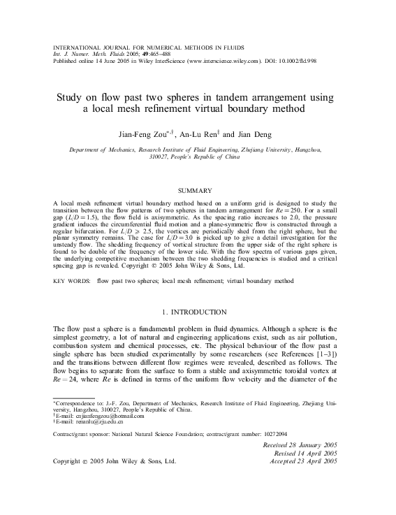 (PDF) Study on flow past two spheres in tandem arrangement using a local mesh refinement virtual ...