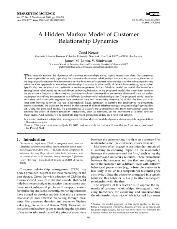 (PDF) A Hidden Markov Model of Customer Relationship Dynamics