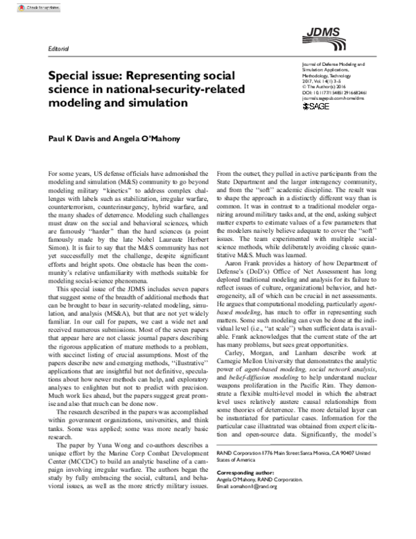 (PDF) Special issue: Representing social science in national-security-related modeling and ...