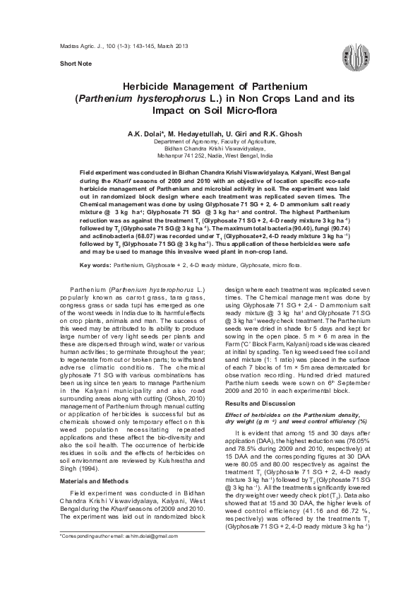 (PDF) Herbicide management of parthenium (Parthenium hysterophorus L ...