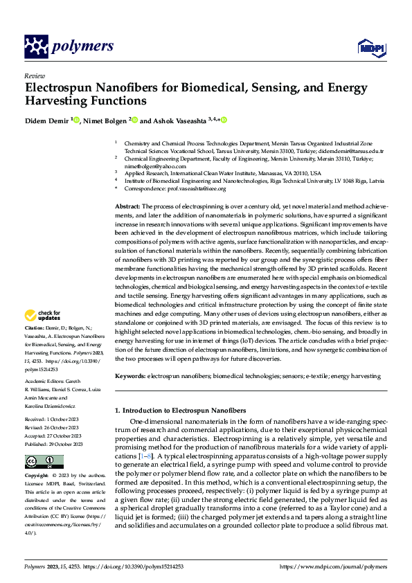 (PDF) Electrospun Nanofibers for Biomedical, Sensing, and Energy Harvesting Functions