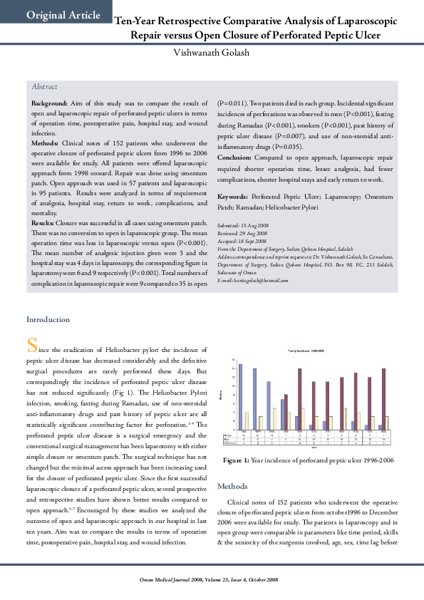 (PDF) Ten-Year Retrospective Comparative Analysis of Laparoscopic Repair versus Open Closure of ...