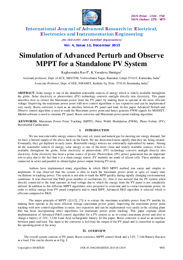 Pdf Simulation Of Advanced Perturb And Observe Mppt For A Standalone Pv System Vasudeva