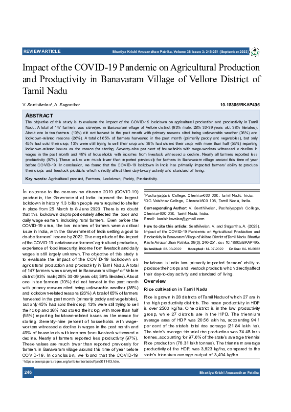(PDF) Impact of the COVID-19 Pandemic on Agricultural Production and ...