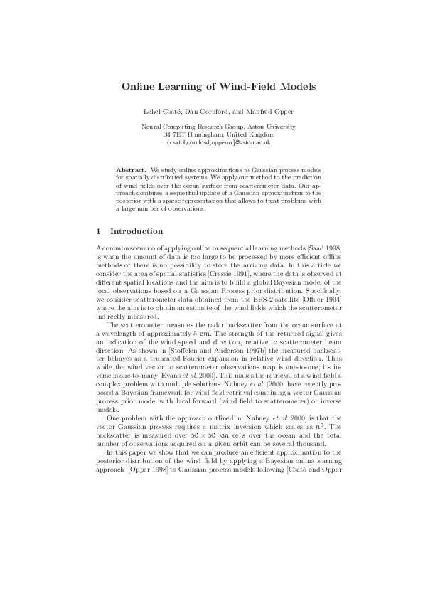 (PDF) Online Learning of Wind-Field Models
