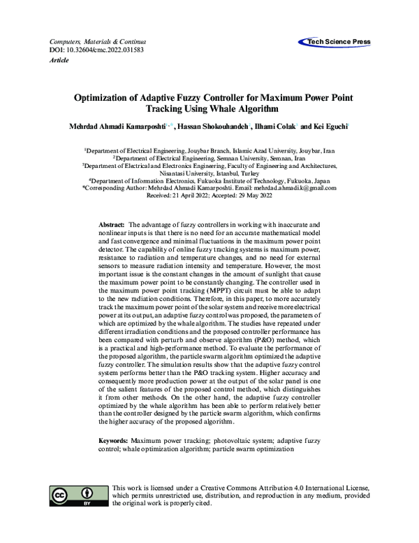 Pdf Optimization Of Adaptive Fuzzy Controller For Maximum Power Point Tracking Using Whale