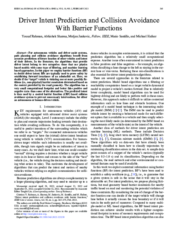 Pdf Driver Intent Prediction And Collision Avoidance With Barrier