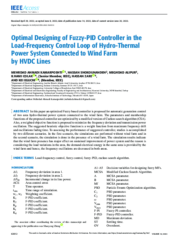 Pdf Optimal Designing Of Fuzzy Pid Controller In The Load Frequency Control Loop Of Hydro