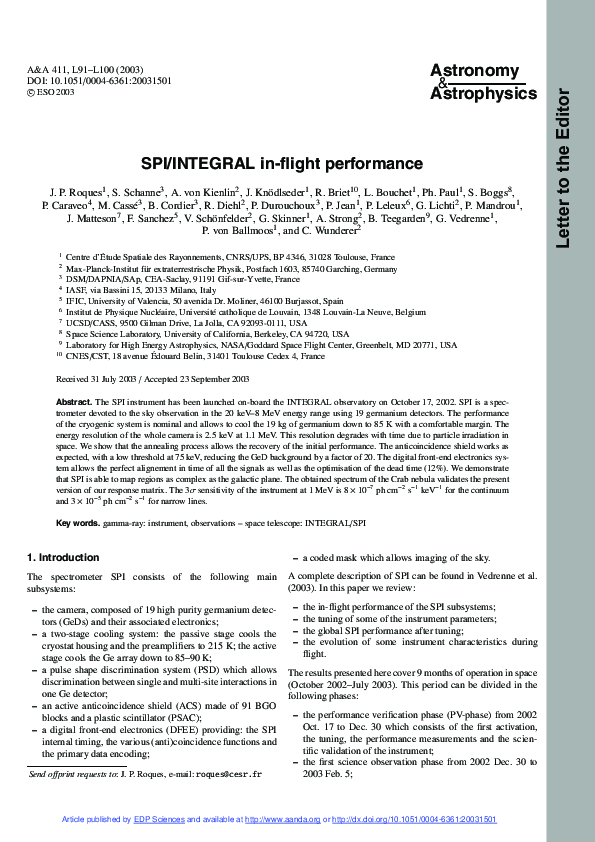 (PDF) SPI/INTEGRAL in-flight performance