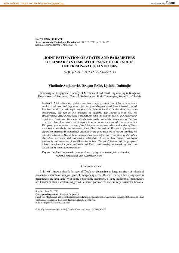 Pdf Joint Estimation Of States And Parameters Of Linear Systems With Parameter Faults Under
