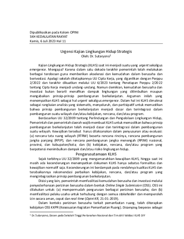 (PDF) Urgensi Kajian Lingkungan Hidup Strategis Sutaryono