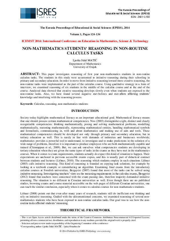 (PDF) Non-Mathematics Students’ Reasoning in Non-Routine Calculus Tasks