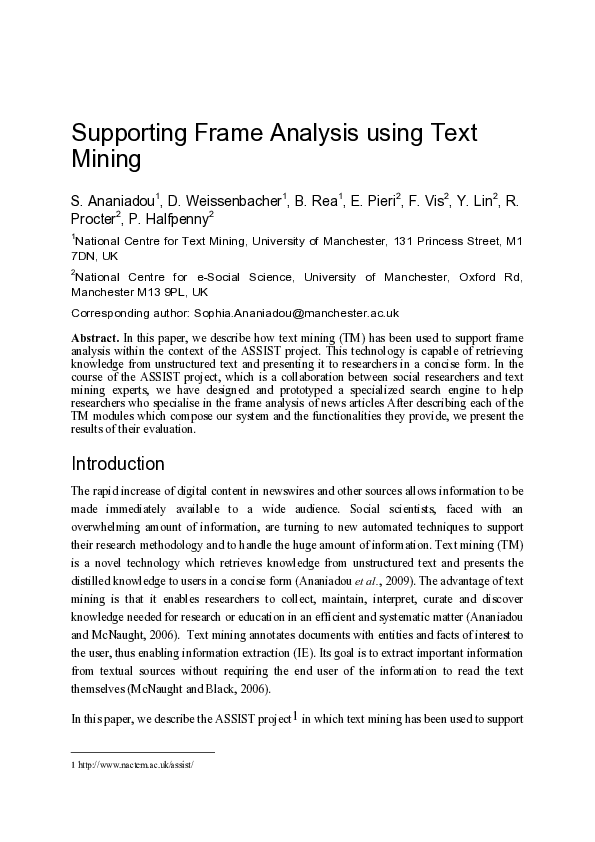 (PDF) Supporting Frame Analysis using Text Mining
