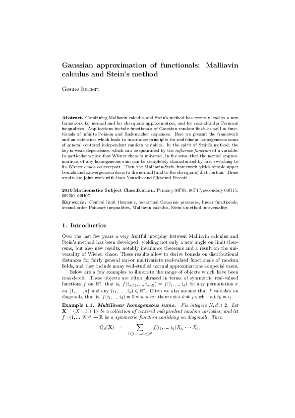 (PDF) Gaussian approximation of functionals: Malliavin calculus and Stein’s method