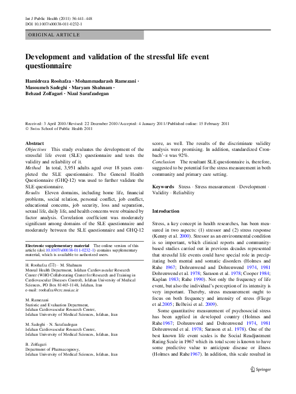 (PDF) Development and validation of the stressful life event questionnaire