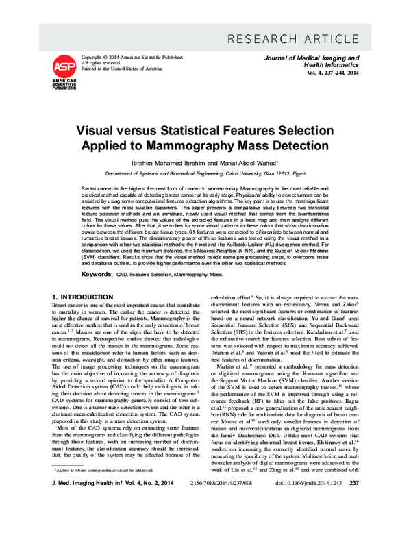 (PDF) Visual versus Statistical Features Selection Applied to Mammography Mass Detection