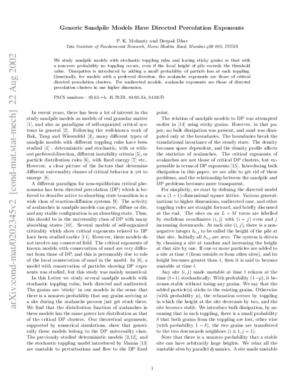 (PDF) Sandpile Models with Directed Percolation Exponents