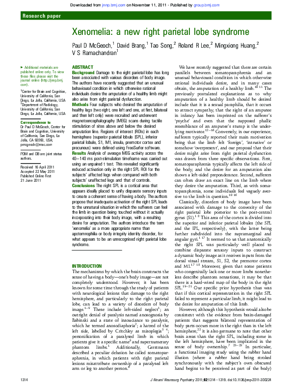 (PDF) Xenomelia: a new right parietal lobe syndrome