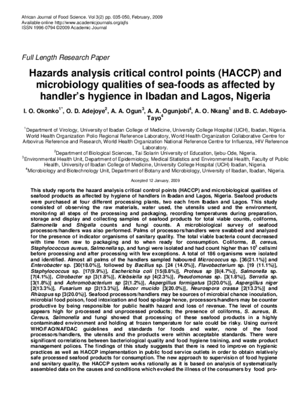 (PDF) Hazards analysis critical control points (HACCP) and microbiology qualities of sea-foods ...