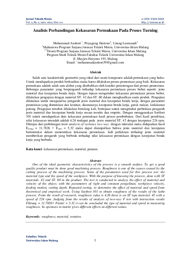 (PDF) Analisis Perbandingan Kekasaran Permukaan Pada Proses Turning