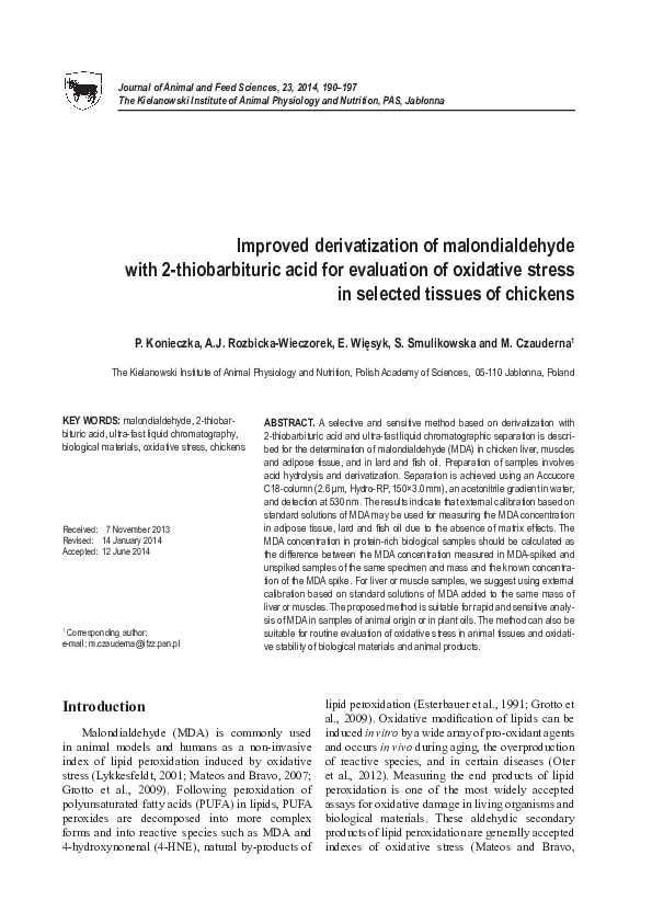 (PDF) Improved derivatization of malondialdehyde with 2-thiobarbituric acid for evaluation of ...