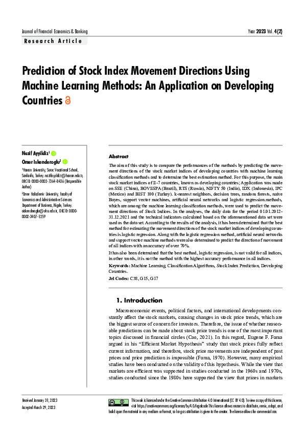 Pdf Prediction Of Stock Index Movement Directions Using Machine Learning Methods An