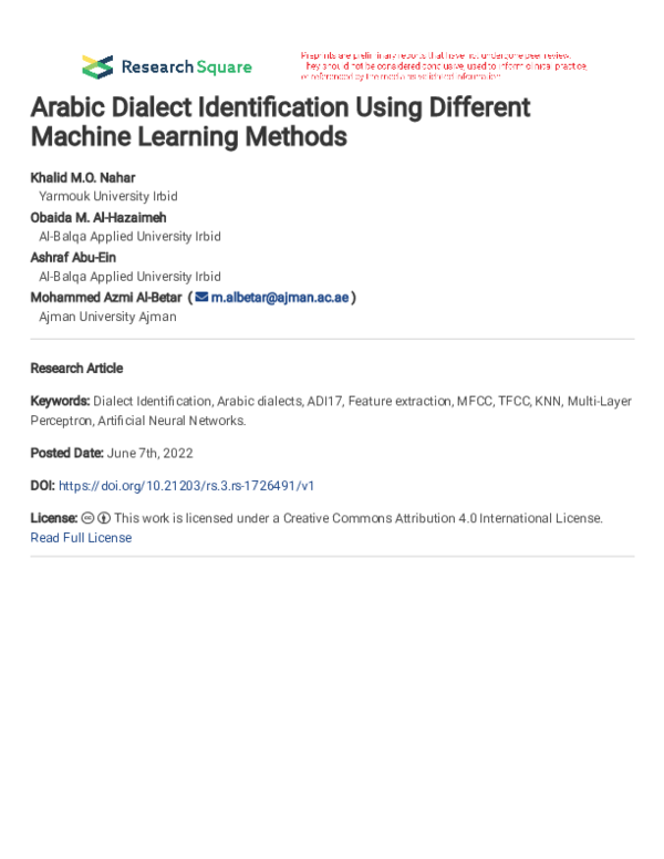 (PDF) Arabic Dialect Identification Using Different Machine Learning Methods