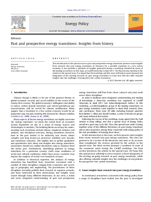 (PDF) Past and prospective energy transitions: Insights from history