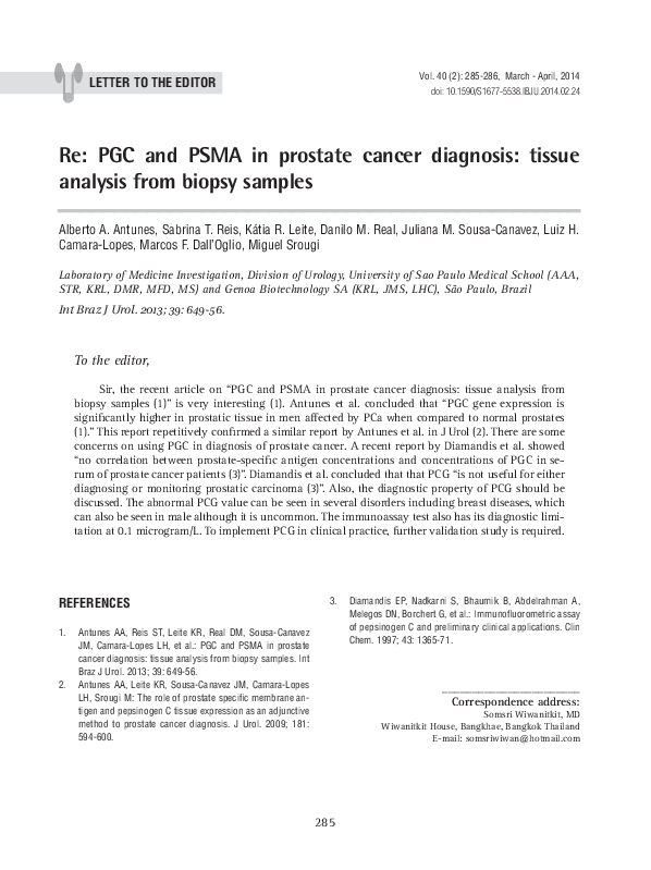 (PDF) Re: PGC and PSMA in prostate cancer diagnosis: Tissue analysis ...