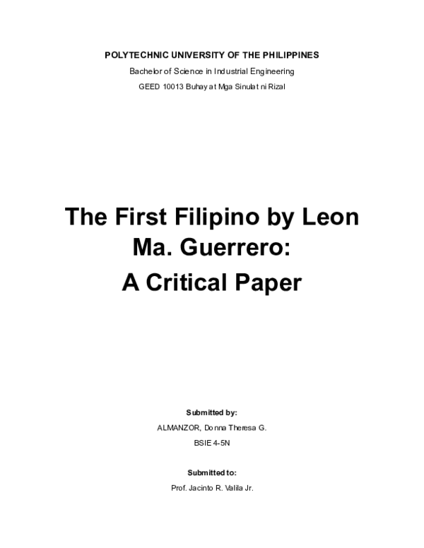 (PDF) A Critical Paper about The First Filipino by Leon Ma Guerrero