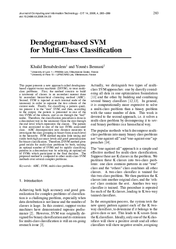 (PDF) Dendogram-based SVM for Multi-Class Classification (PDF) Dendogram-based SVM for Multi-Class Classification