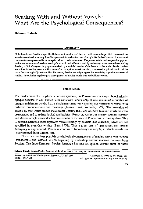 (PDF) Reading with and without vowels: What are the psychological ...