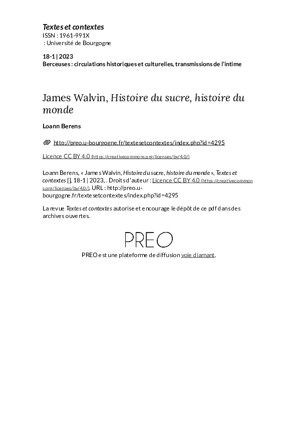 (PDF) James Walvin, Histoire du sucre, histoire du monde (PDF) James Walvin, Histoire du sucre, histoire du monde