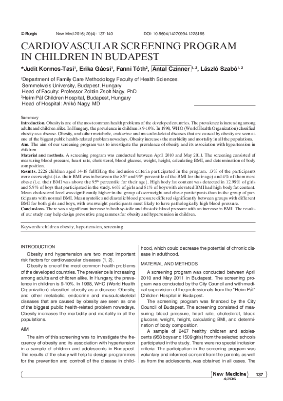 (PDF) CArdioVAsCUlAr sCreeninG proGrAm in Children in BUdApest | Judit ...