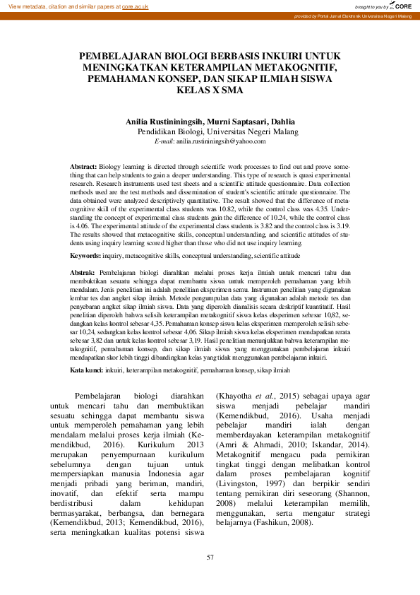 (PDF) Pembelajaran Biologi Berbasis Inkuiri Untuk Meningkatkan Keterampilan Metakognitif ...