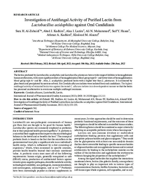 Pdf Investigation Of Antifungal Activity Of Purified Lectin From Lactobacillus Acidophilus