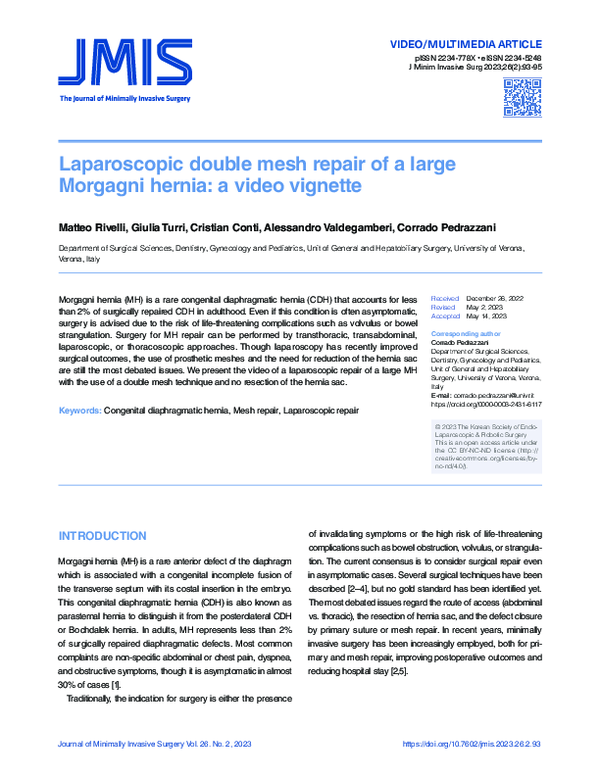 (PDF) Laparoscopic double mesh repair of a large Morgagni hernia: a ...