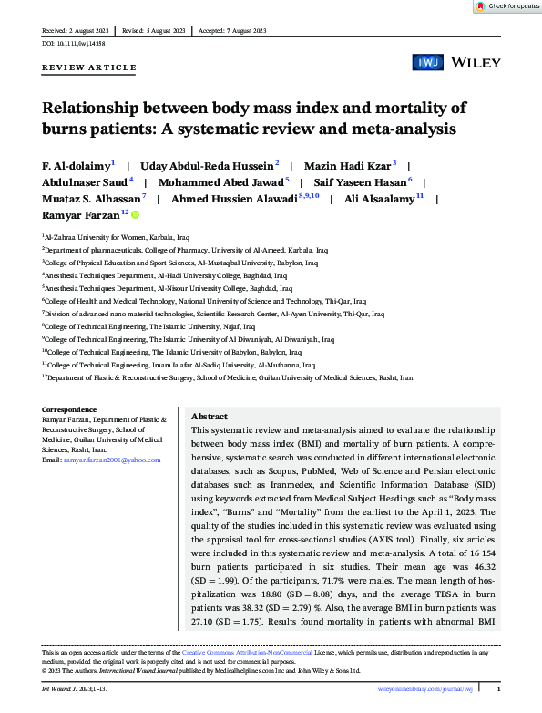 Pdf Relationship Between Body Mass Index And Mortality Of Burns