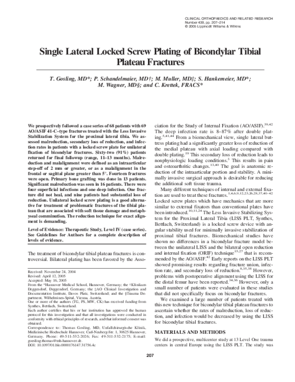(PDF) Single Lateral Locked Screw Plating of Bicondylar Tibial Plateau ...