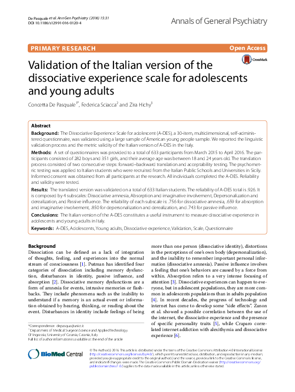 (PDF) Validation of the Italian version of the dissociative experience scale for adolescents and ...