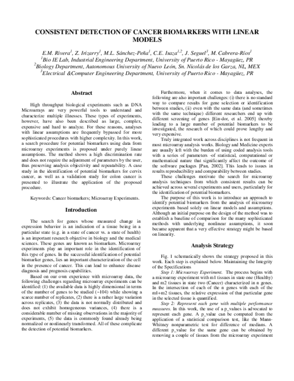 Pdf Consistent Detection Of Cancer Biomarkers With Linear Models