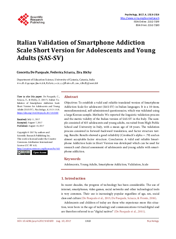 (PDF) Italian Validation of Smartphone Addiction Scale Short Version for Adolescents and Young ...