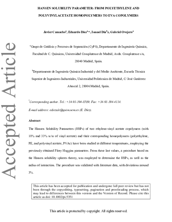 (PDF) Hansen solubility parameter: from polyethylene and poly(vinyl ...