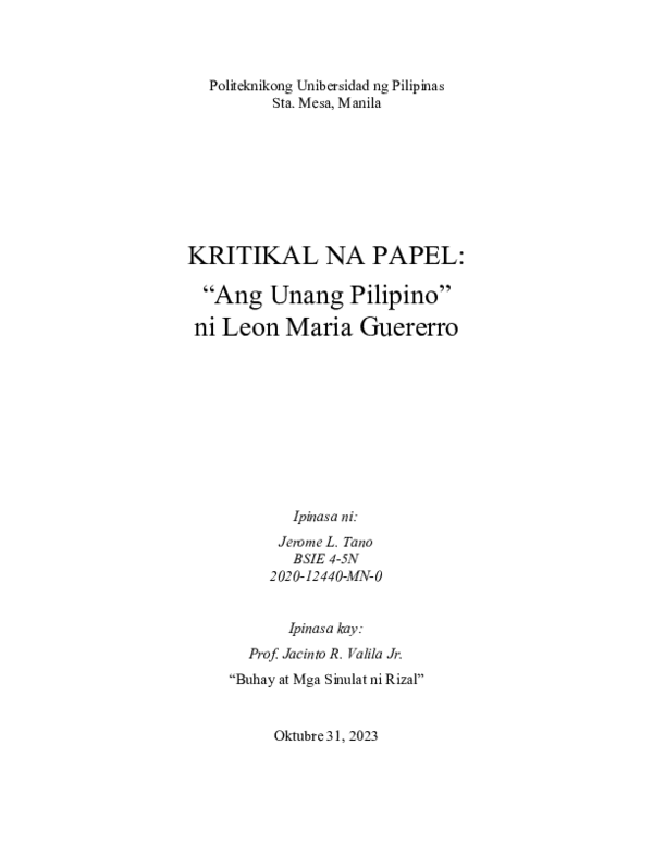 (DOC) Critical Paper - The First Filipino