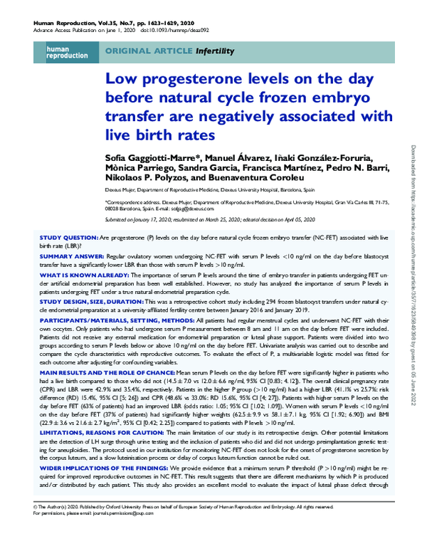 (PDF) Low progesterone levels on the day before natural cycle frozen ...