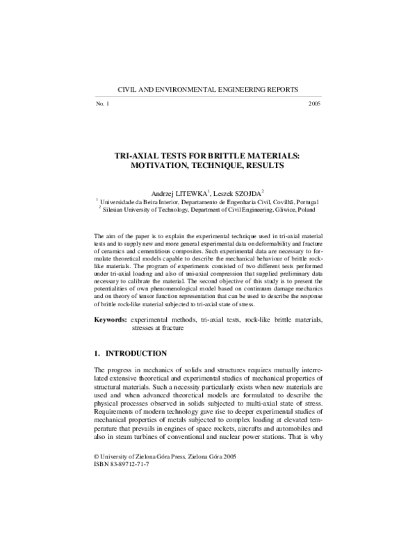 (PDF) Tri-axial tests for brittle materials: motivation, technique, results