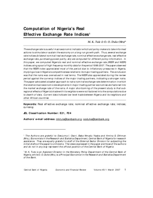 (PDF) Computation of Nigeria's Real Effective Exchange Rate indices