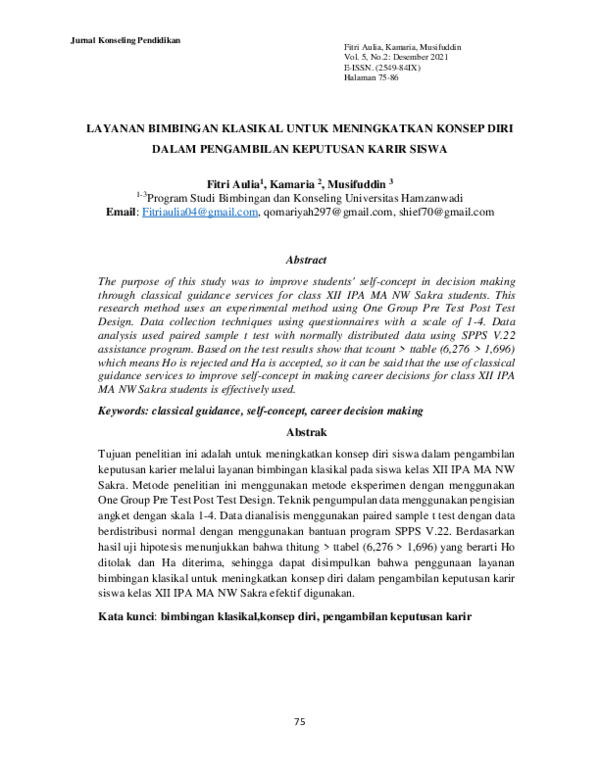 (PDF) Layanan Bimbingan Klasikal Untuk Meningkatkan Konsep Diri Dalam Pengambilan Keputusan ...