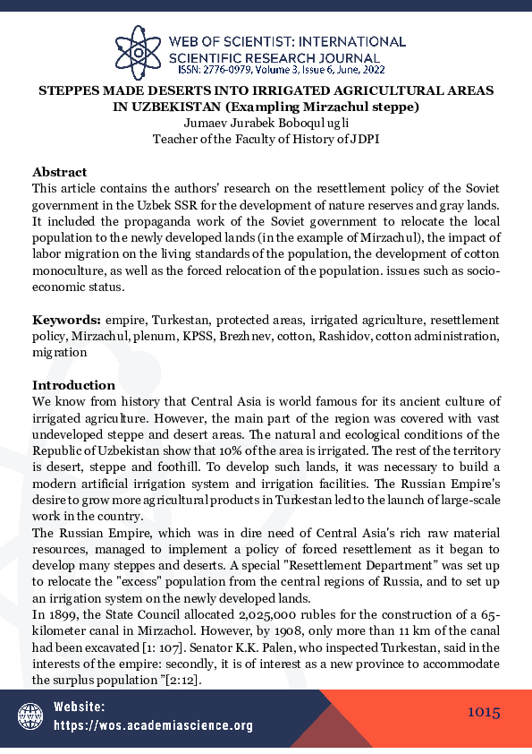 (PDF) STEPPES MADE DESERTS INTO IRRIGATED AGRICULTURAL AREAS IN ...